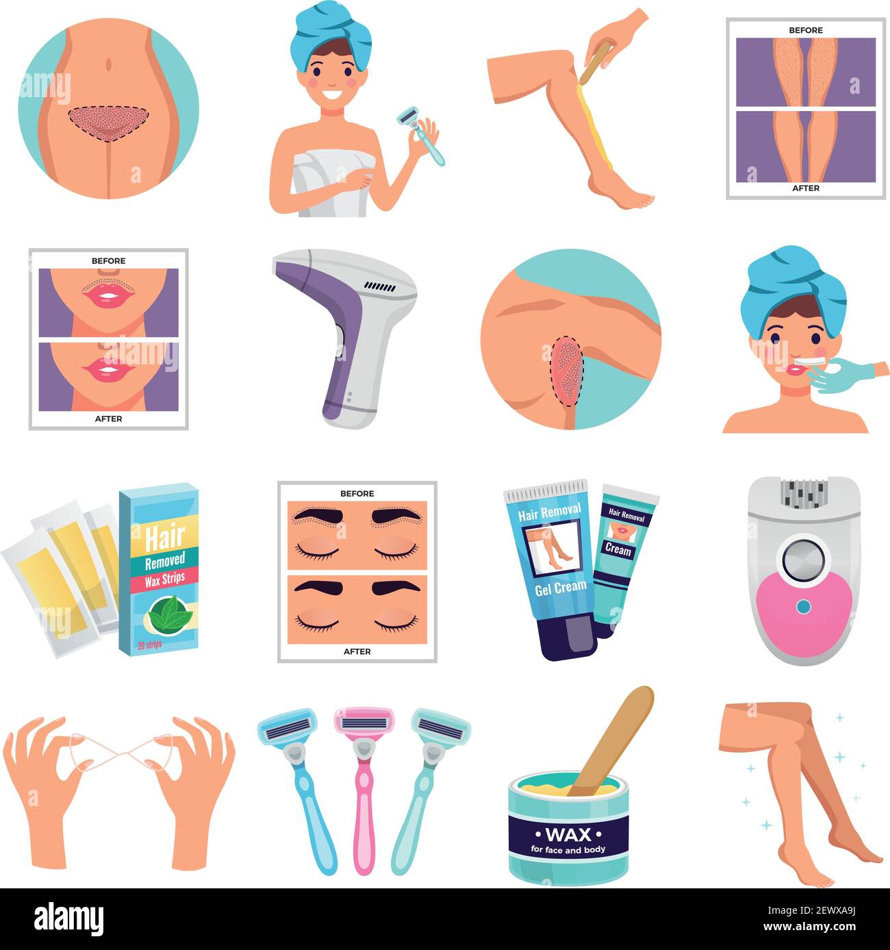 Hair removal icons set with wax and epilator symbols flat isolated vector illustration Stock ...