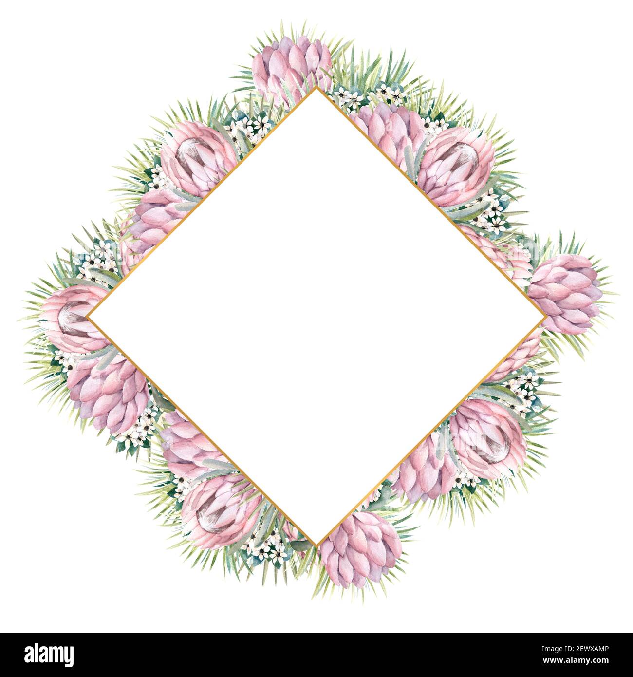 Diamond-shaped gold frame with protea flowers, tropical leaves, palm ...