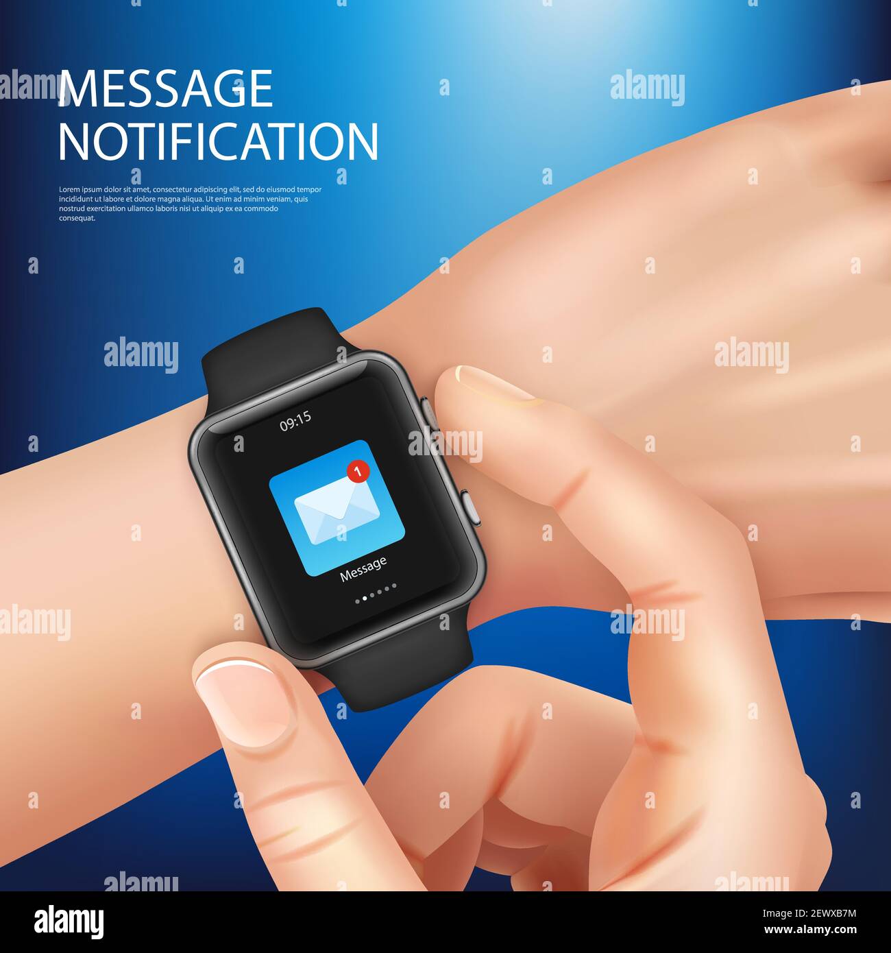 Realistic smart watch new message notification composition with mans ...