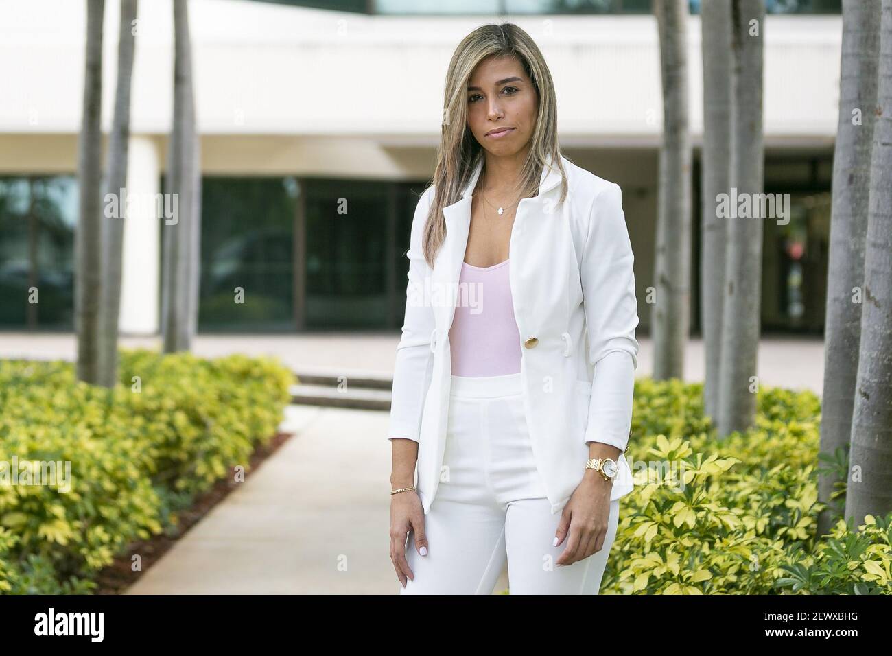 Vanessa Barcelo, former Miss Miami Lakes, outside of her lawyers ...