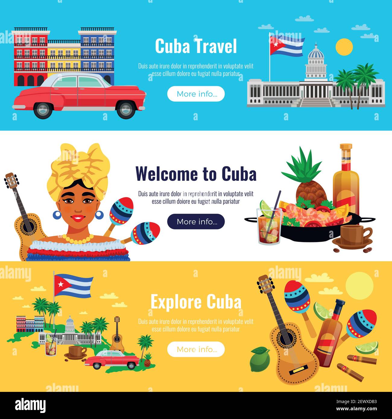 Cuba travel horizontal banners set with landmarks symbols flat isolated ...