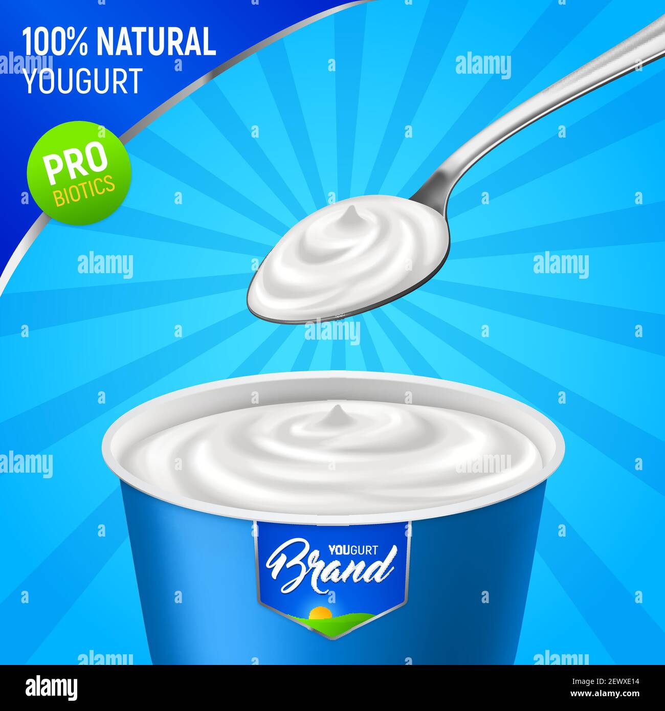 Realistic yogurt advertising background with branded plastic cup of ...