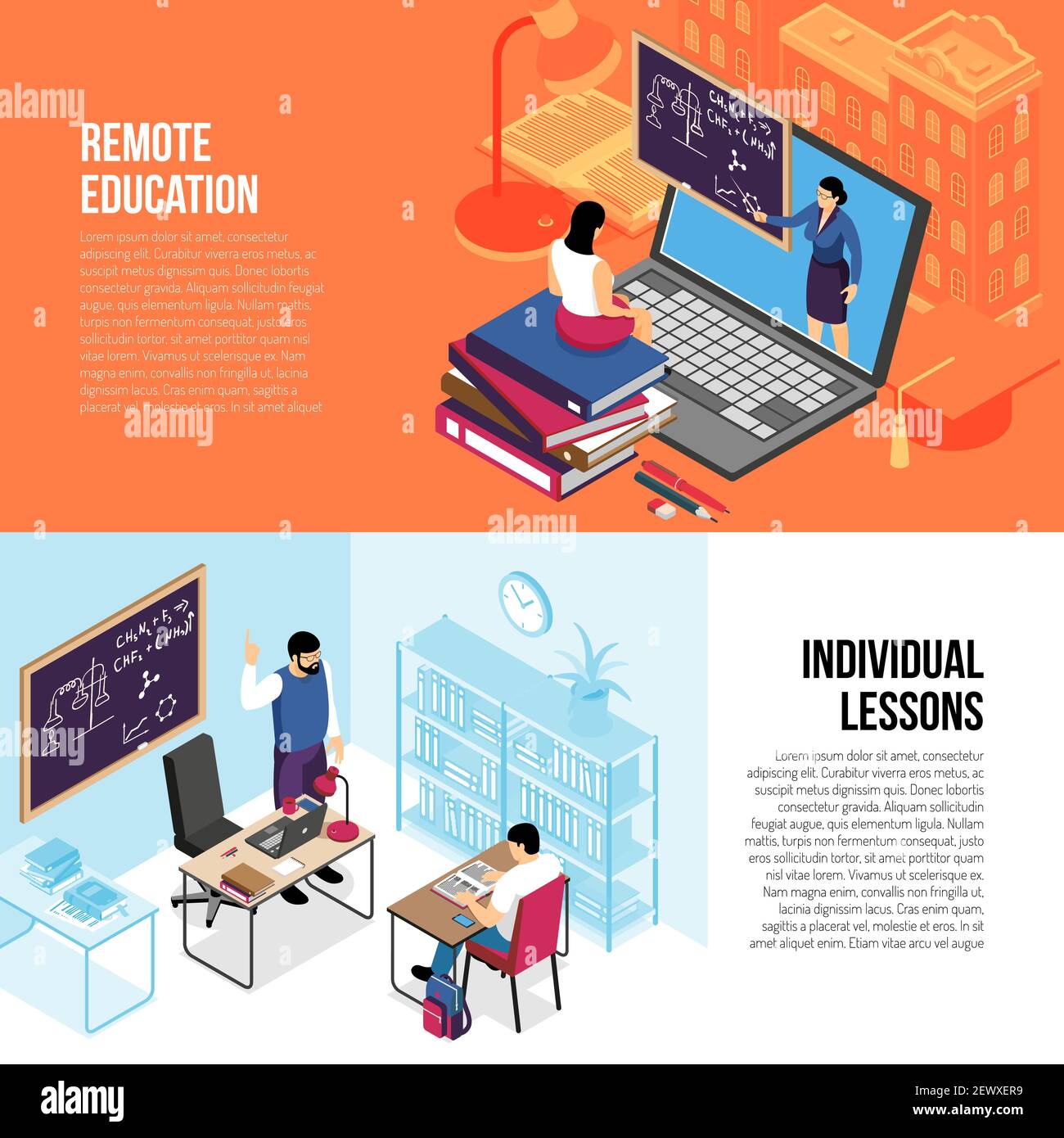 Education 2 horizontal isometric banners with individual private ...