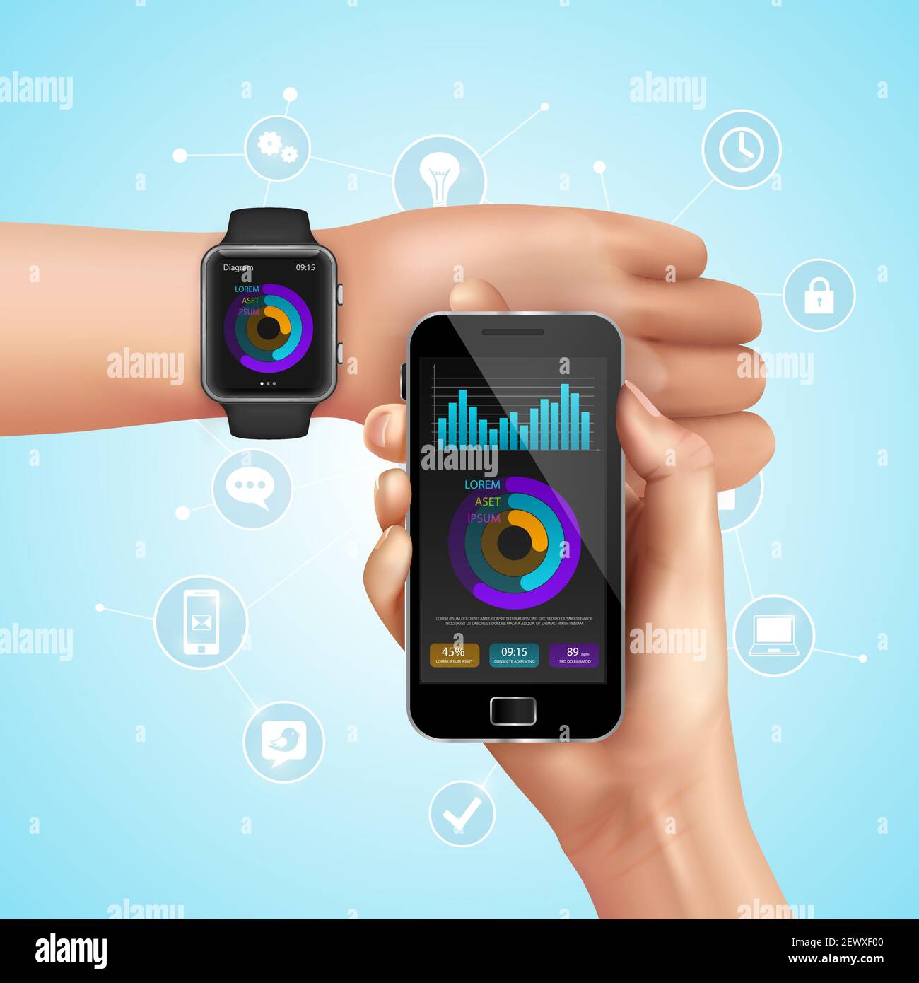 Realistic Smart Watch And Mobile Technology Composition With Synchronization From Smartphone To
