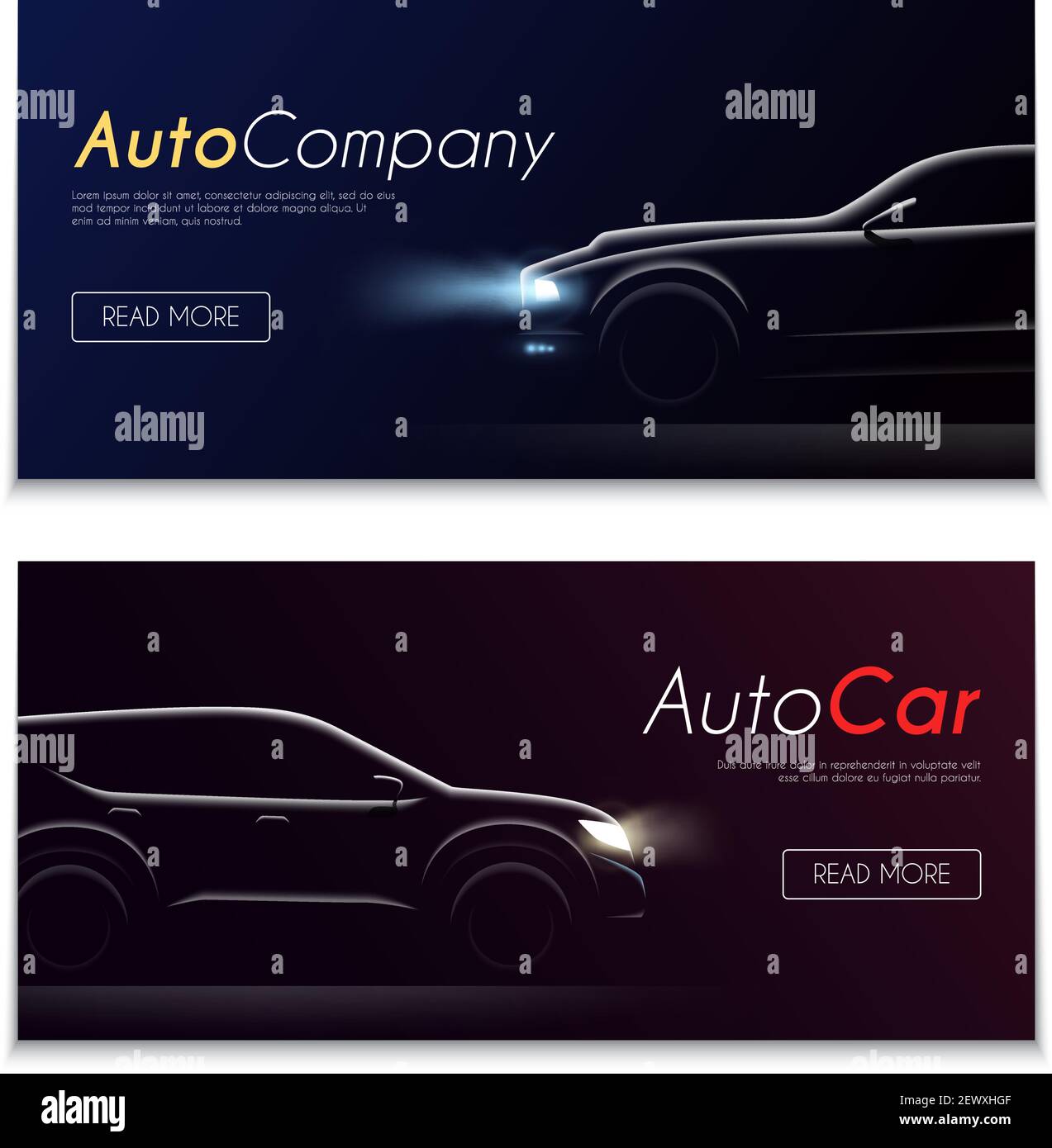 Set of two horizontal realistic car profile dark banners with clickable ...