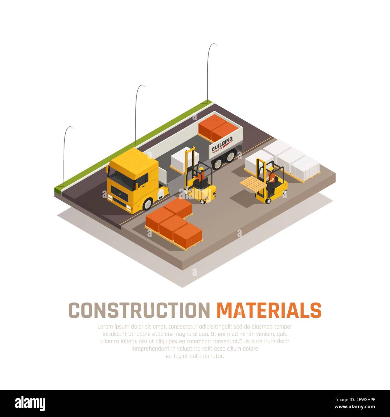 Construction materials isometric composition with building site and ...