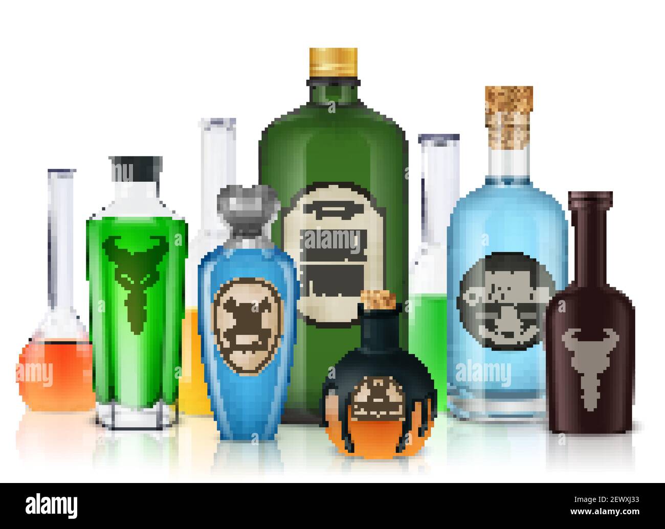 Realistic poison bottles composition with glass tubes and vessels ...