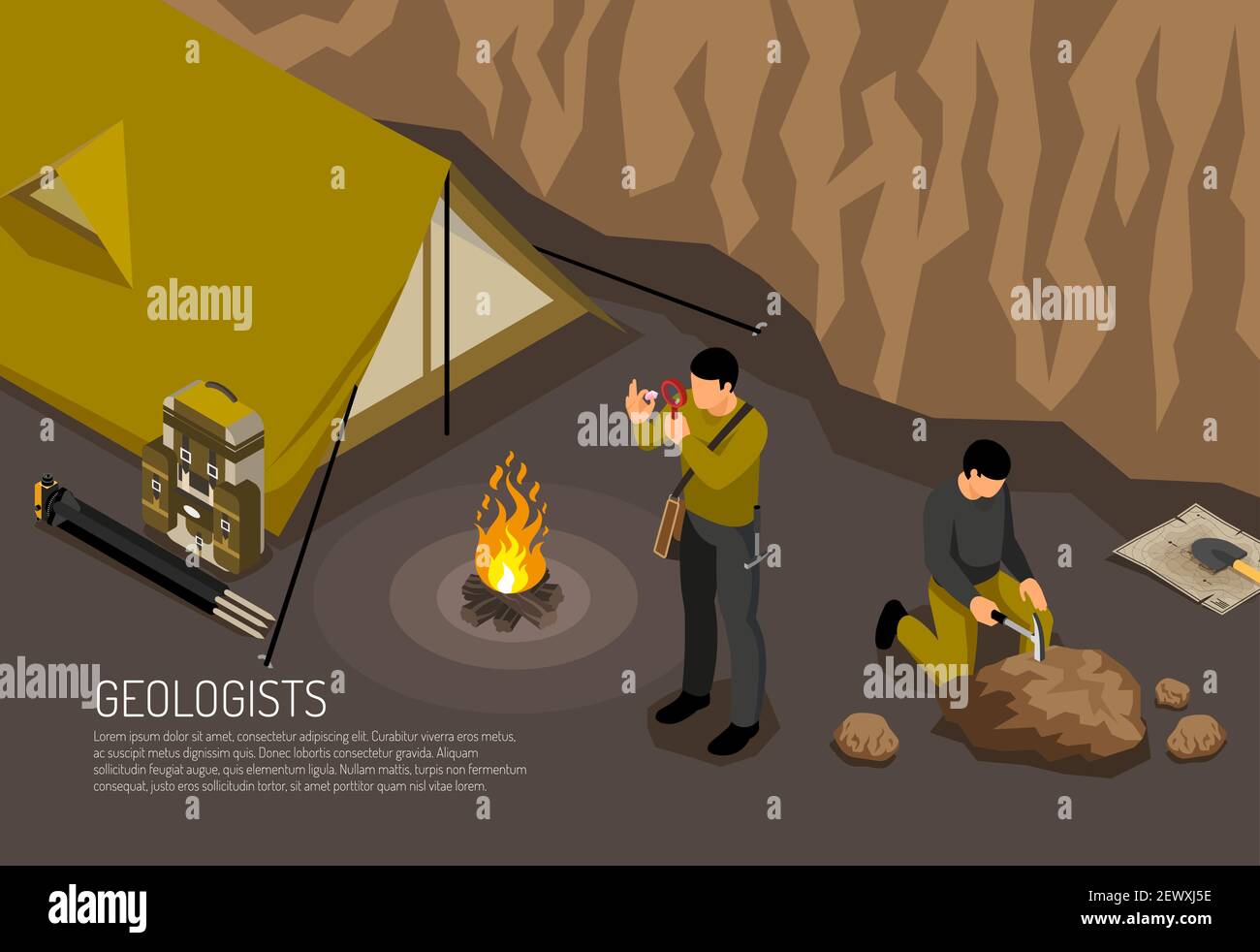 Geologists research fieldwork camp horizontal isometric composition ...