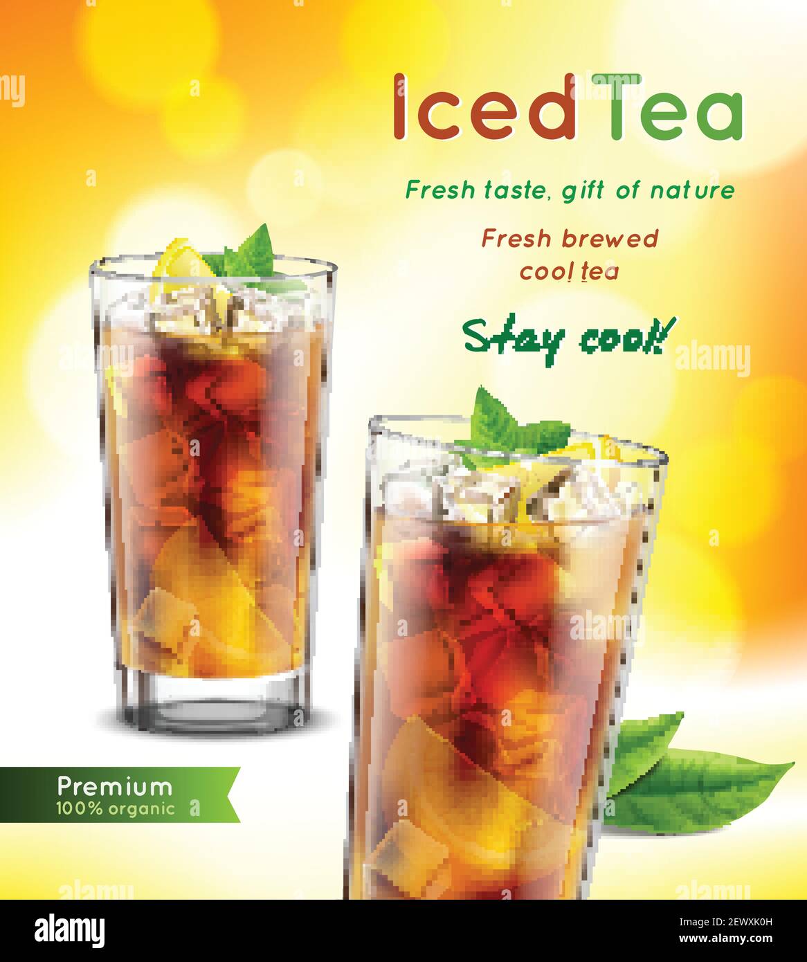 Iced tea package realistic advertising composition with 2 full glasses ...