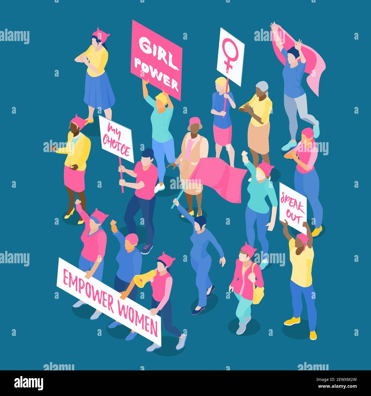 Crowd of protesting women feminists with placards and flags on dark ...