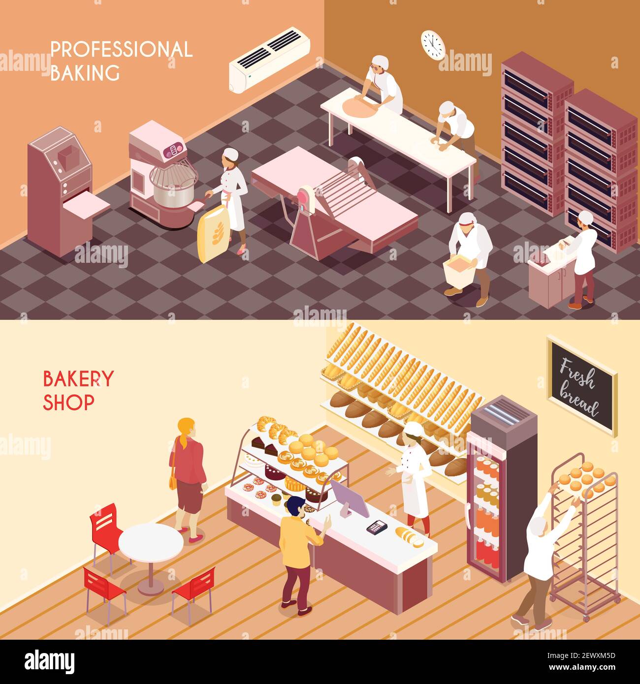 Set of horizontal isometric banners professional making of flour ...