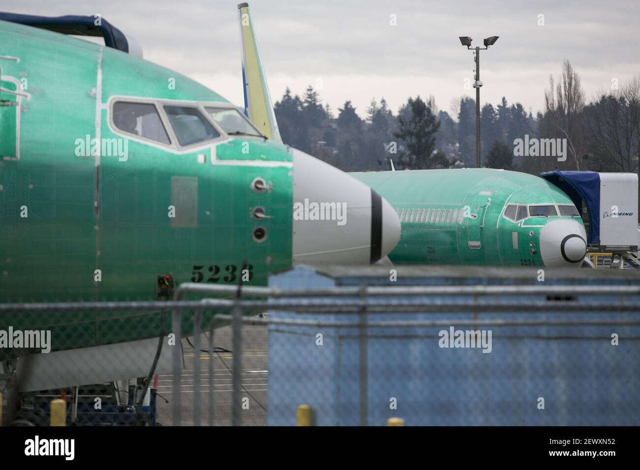 Boeing 737 aircraft await painting at the Boeing Renton Factory, where ...