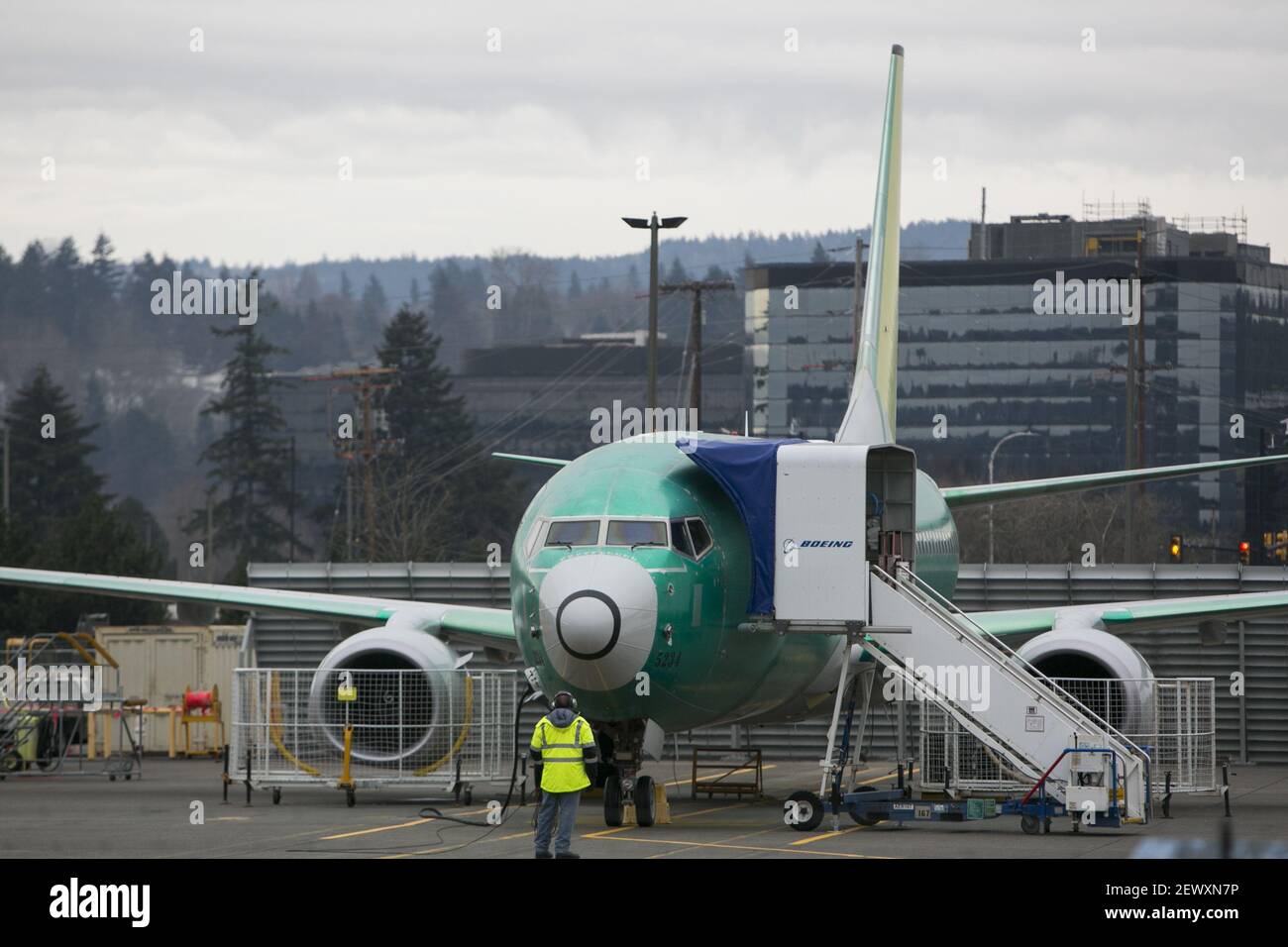 Boeing 737 aircraft await painting at the Boeing Renton Factory, where ...