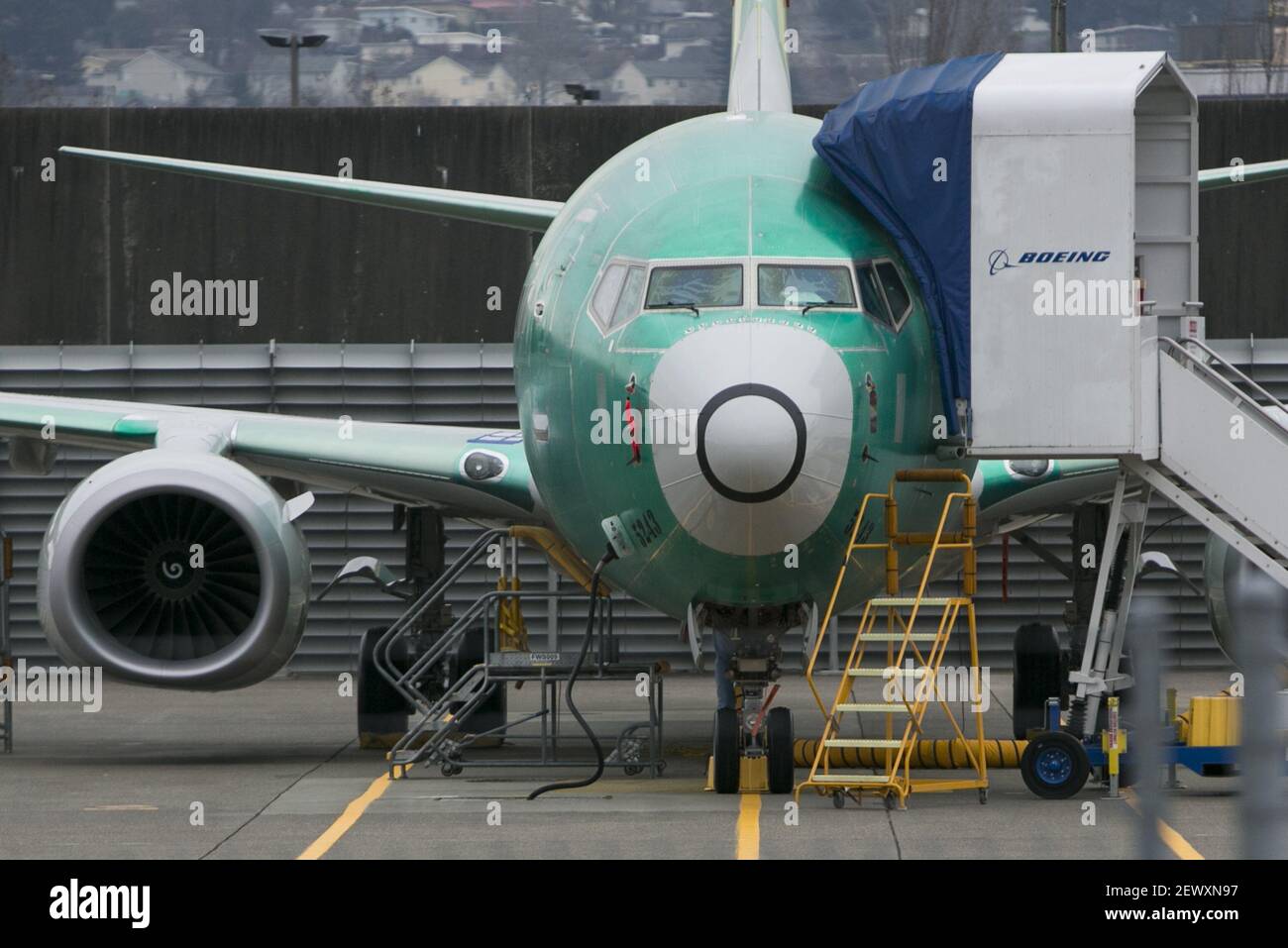 Boeing 737 aircraft await painting at the Boeing Renton Factory, where ...