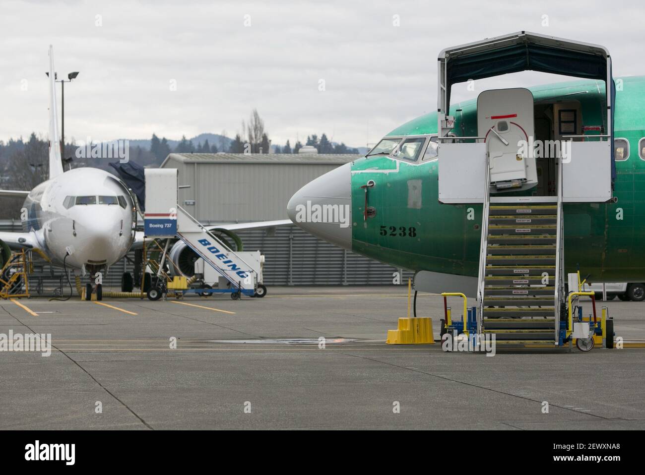 Boeing 737 aircraft await painting at the Boeing Renton Factory, where ...