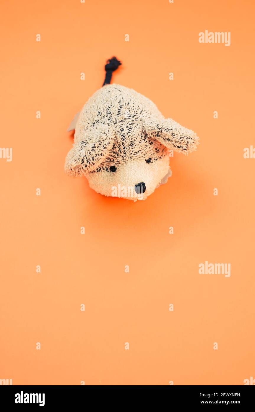 A vertical shot of a cute fluffy mouse toy on an orange surface Stock ...