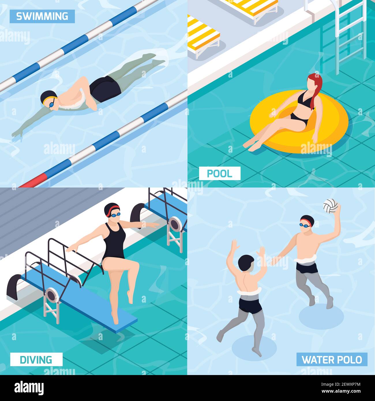 Swimming pool isometric concept icons set with diving and polo symbols isolated vector ...