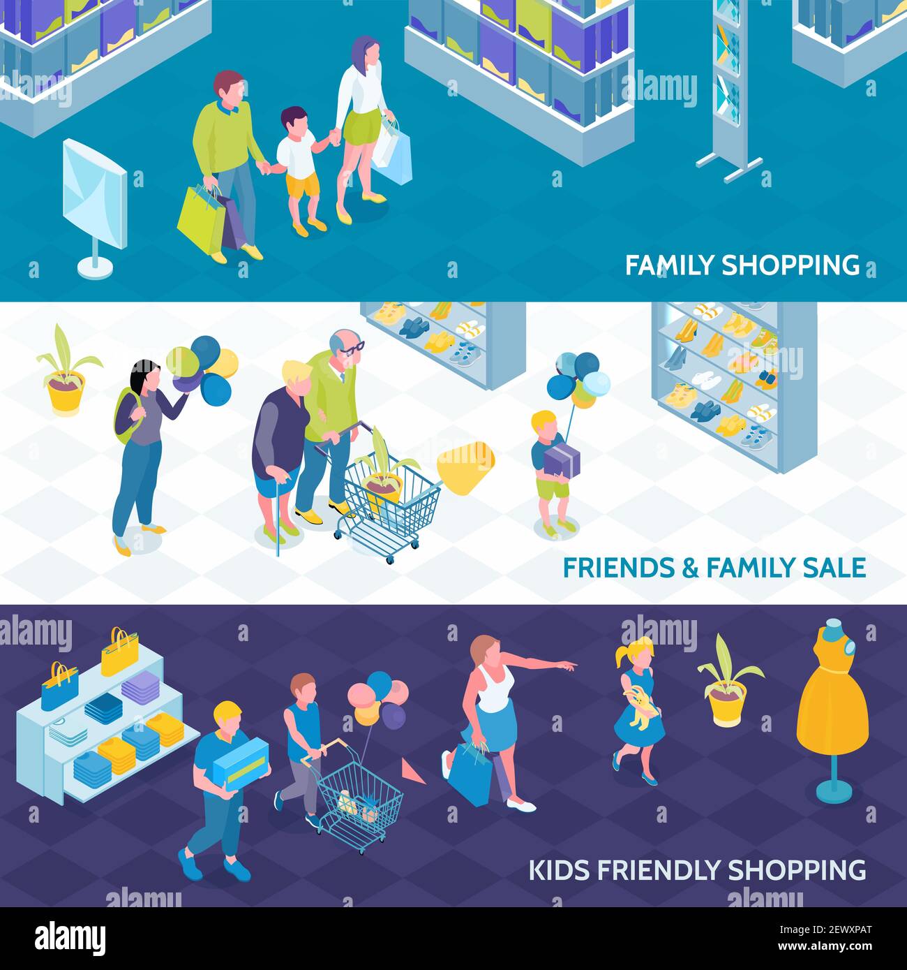 Horizontal isometric banners of family shopping with kids and friends ...