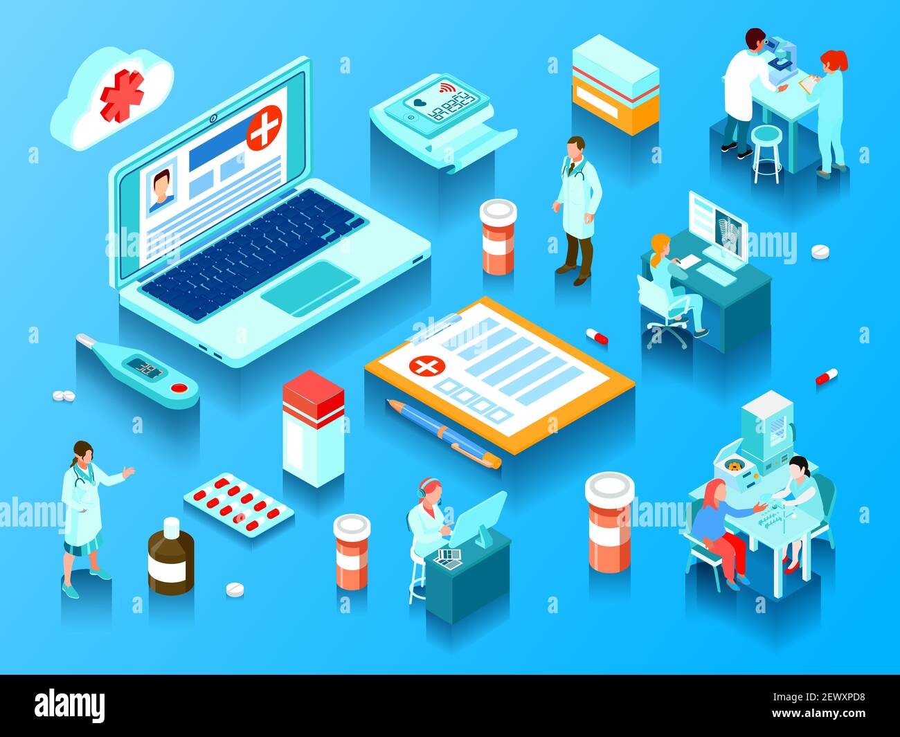 Online medicine elements doctors with computers and laboratory ...