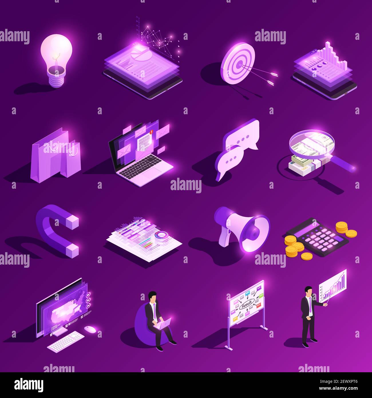 Marketing concept isometric glow icon set of isolated neon symbols and ...