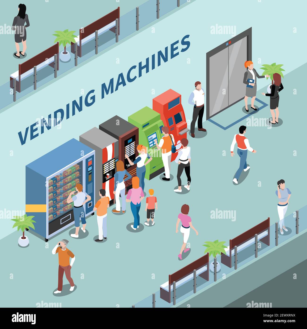 Consumers near vending machines in lobby of business center isometric ...