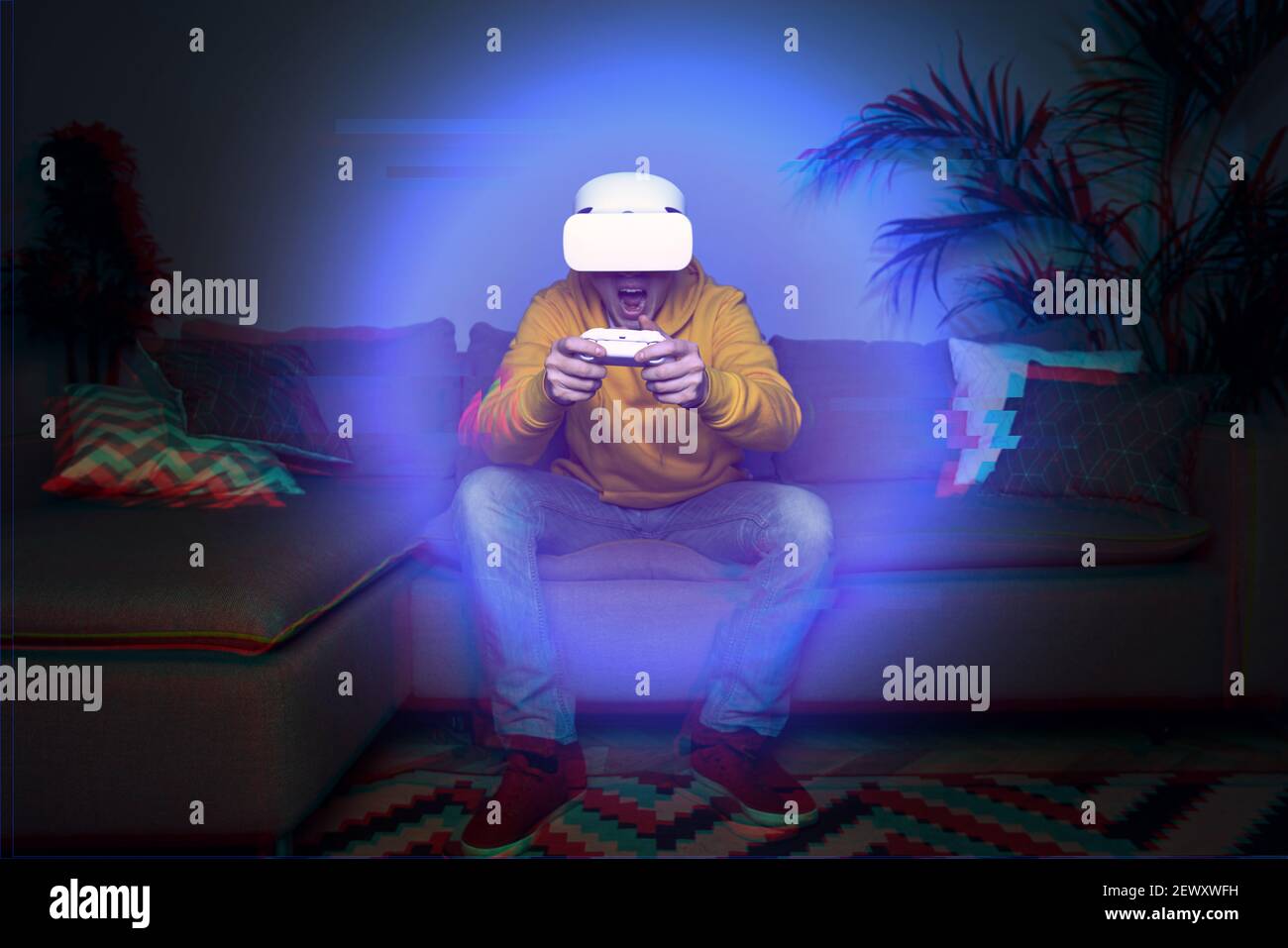 Man playing game at home using vr headset. Concept of entertainment ...