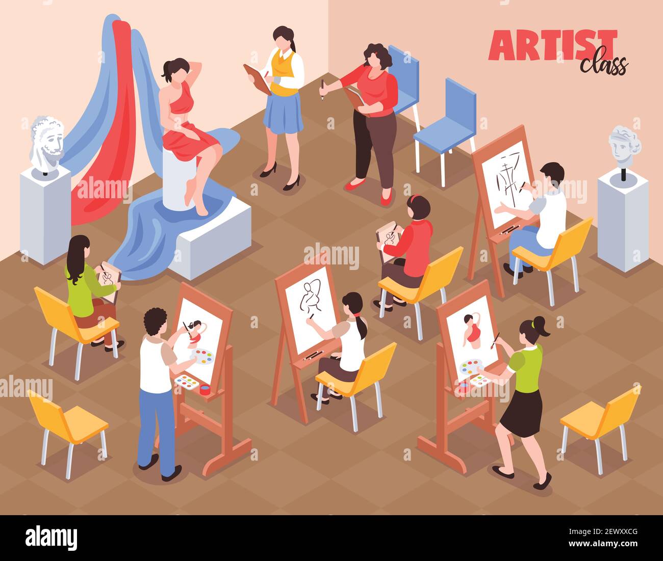 Artist class with students near easels with palettes and model in red ...