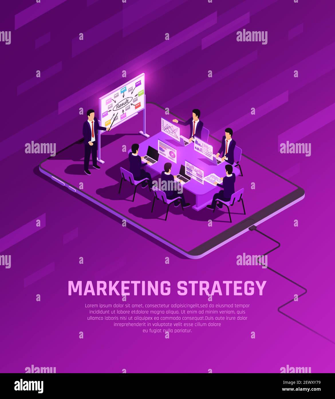 Marketing concept isometric glow composition with businessmen ...