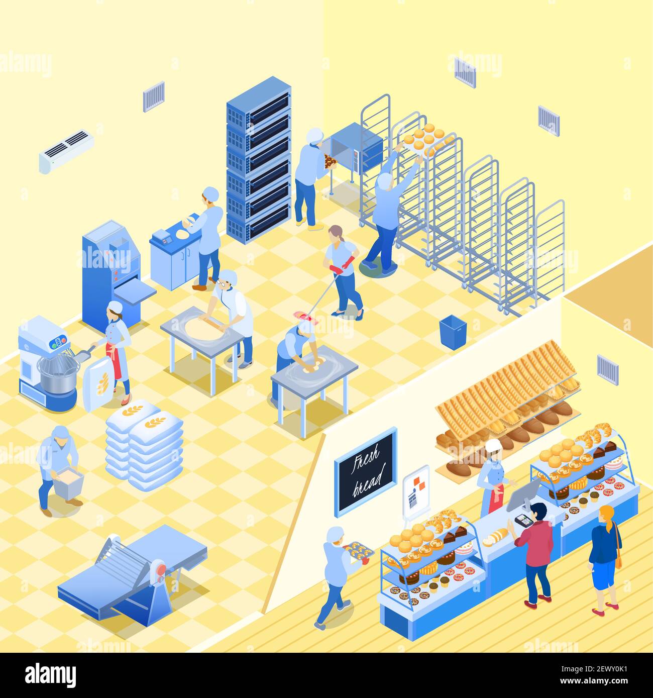 Bakery inside with staff during work and shop with bread pastry and ...