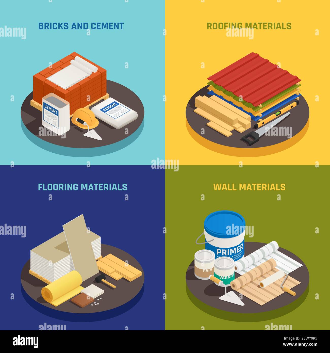 Construction materials isometric 2x2 design concept with editable text ...