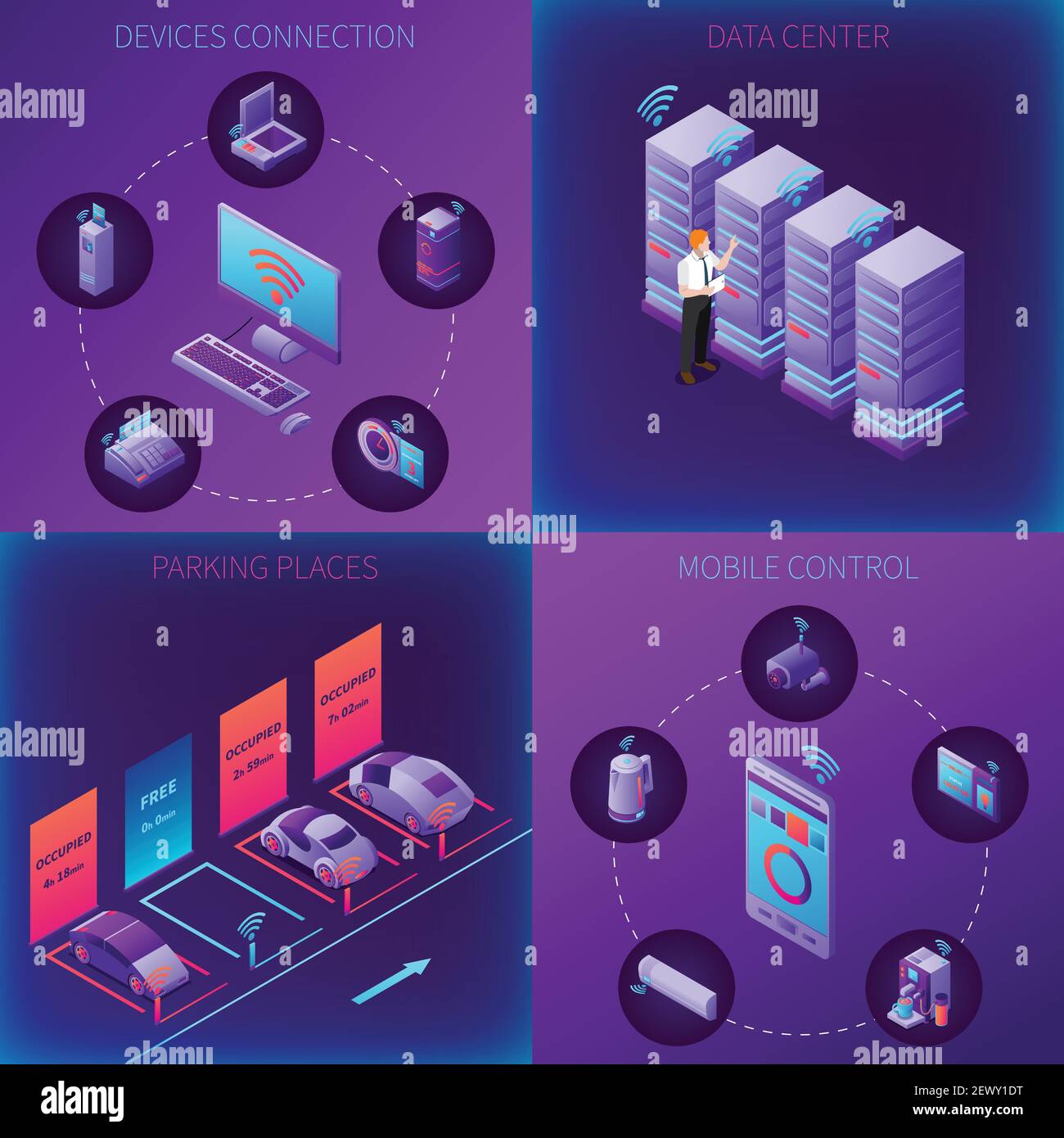 Iot business office isometric concept with devices connection data ...