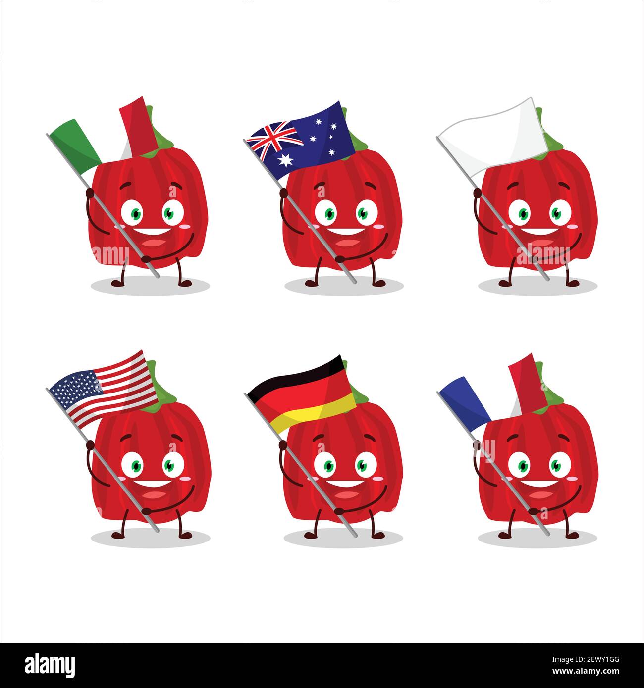 Red habanero cartoon character bring the flags of various countries ...