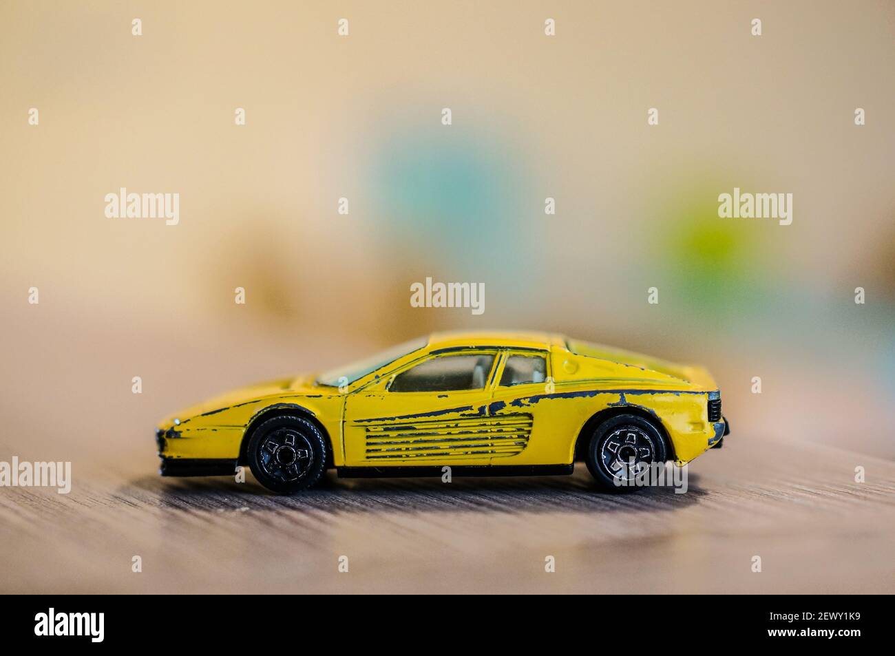 POZNAN, POLAND - Oct 30, 2016: Side of a yellow toy model Lamborghini ...