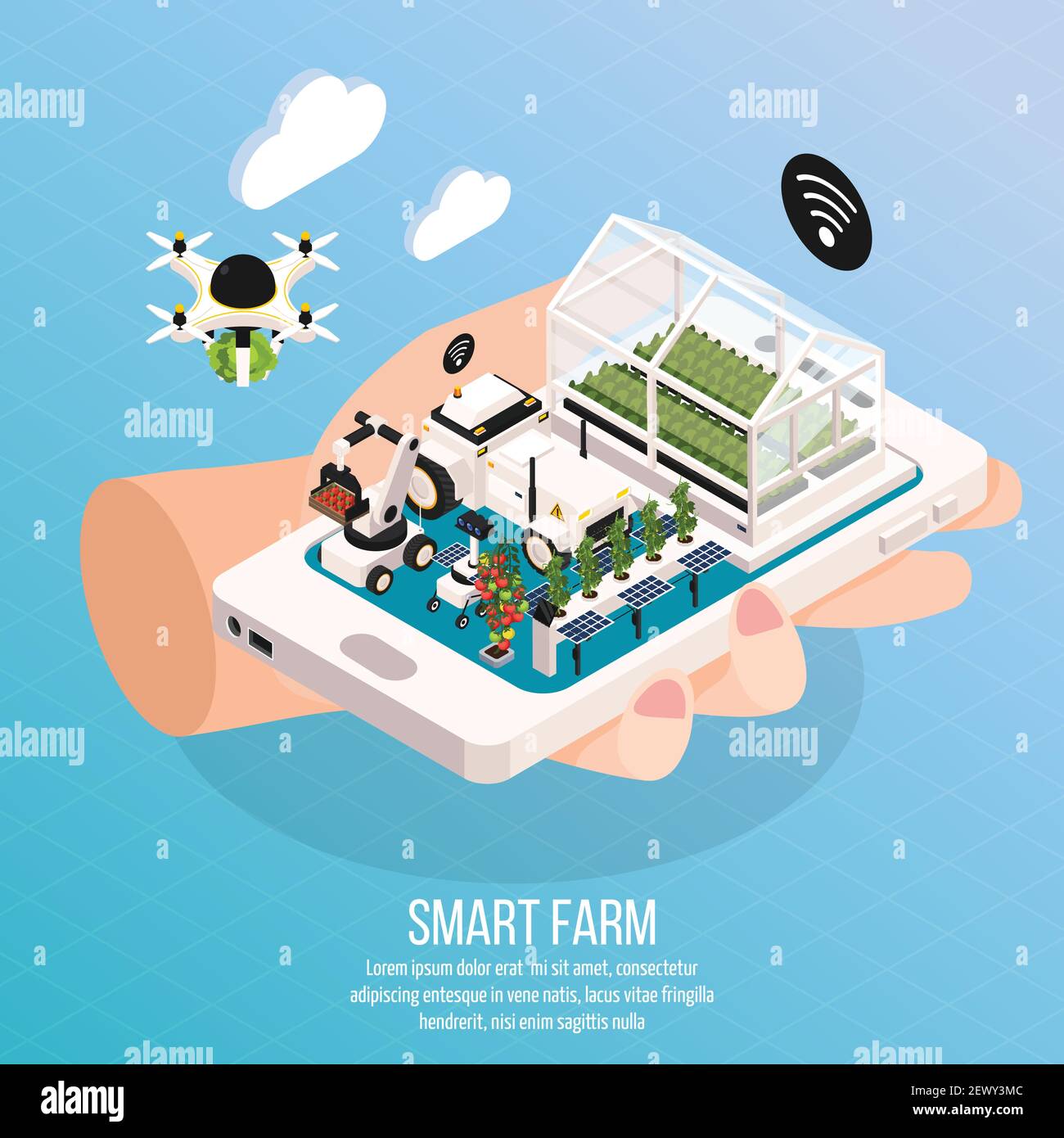 Smart farm on hand composition set with technology symbols isometric ...