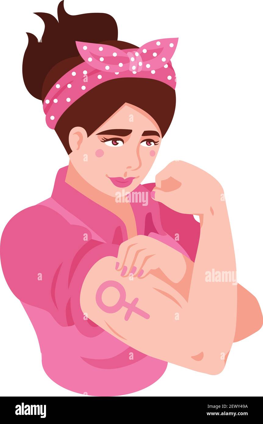 Isometric feminist in pink clothing with strength gesture and female ...