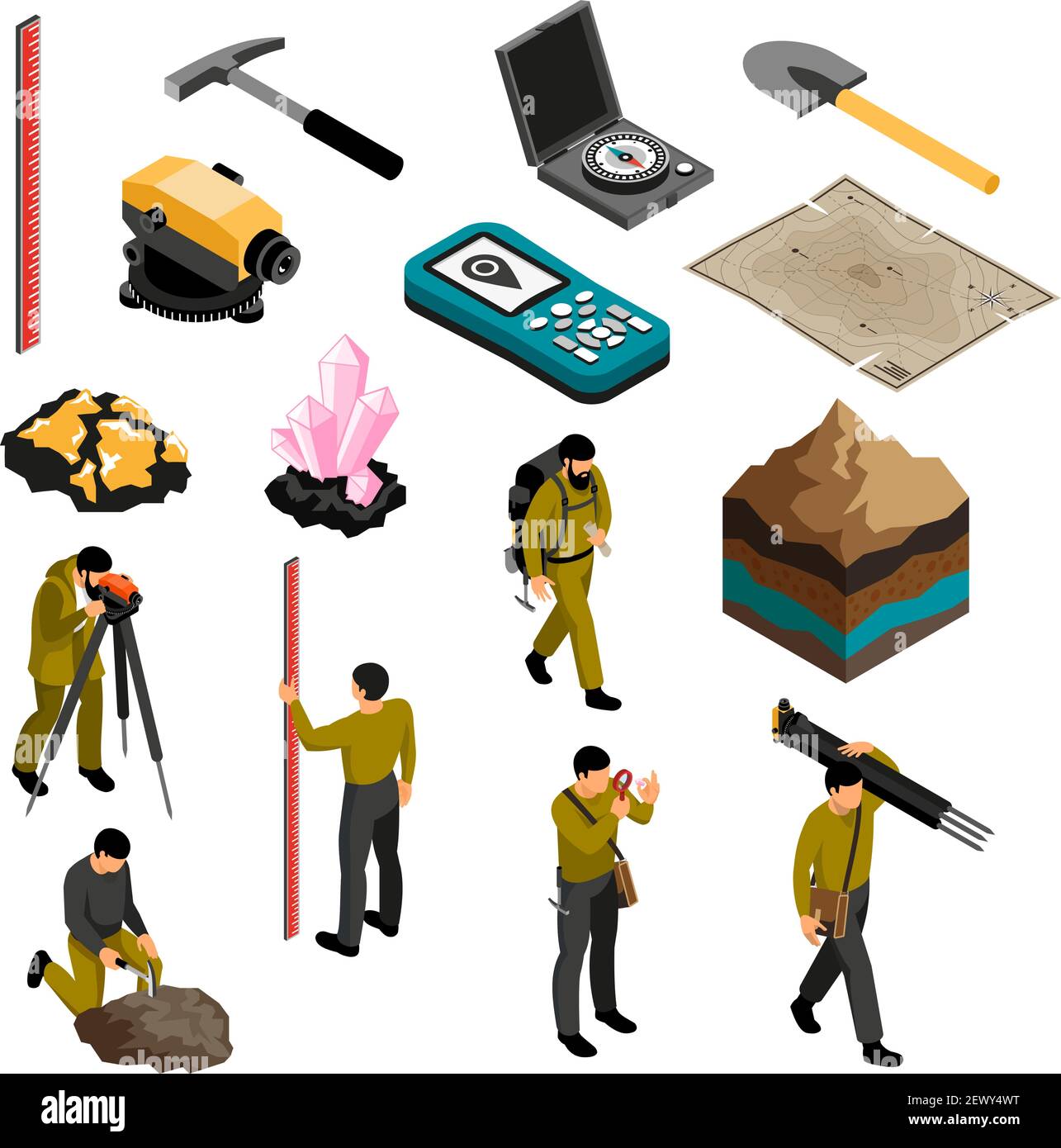 Geologist tools supplies gear accessories isometric icons set with ...