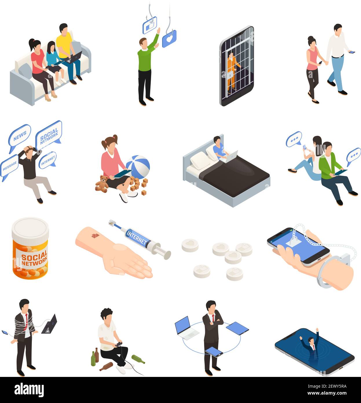 Internet smartphone gadget addiction isometric icons set with human ...