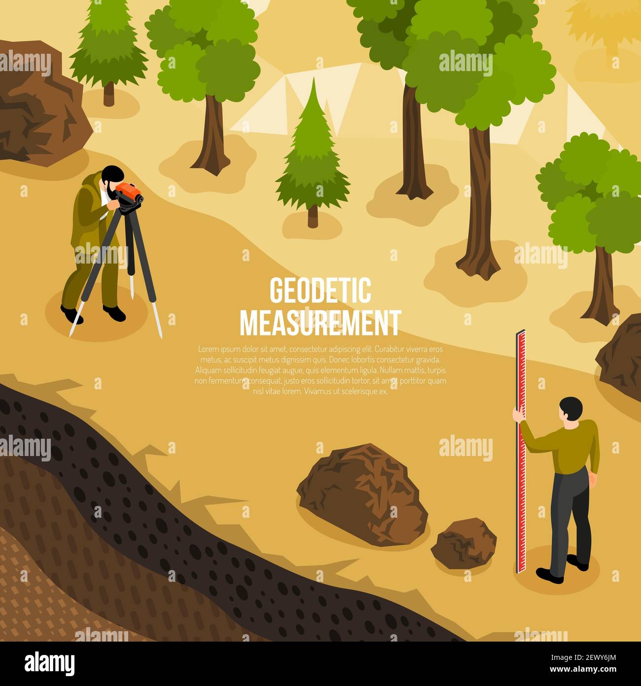 Geologist field work isometric composition with 2 men taking geodetic ...
