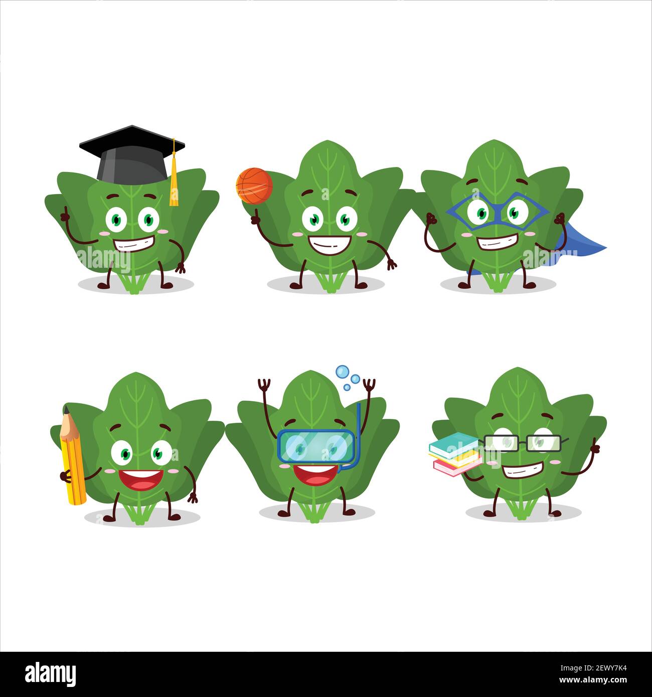 School student of spinach cartoon character with various expressions ...