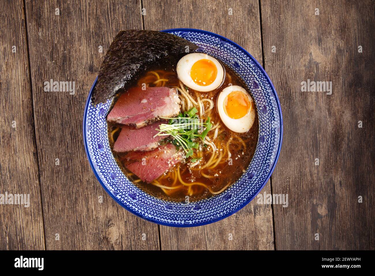Ramen noodle soup with pastrami and eggs Stock Photo - Alamy
