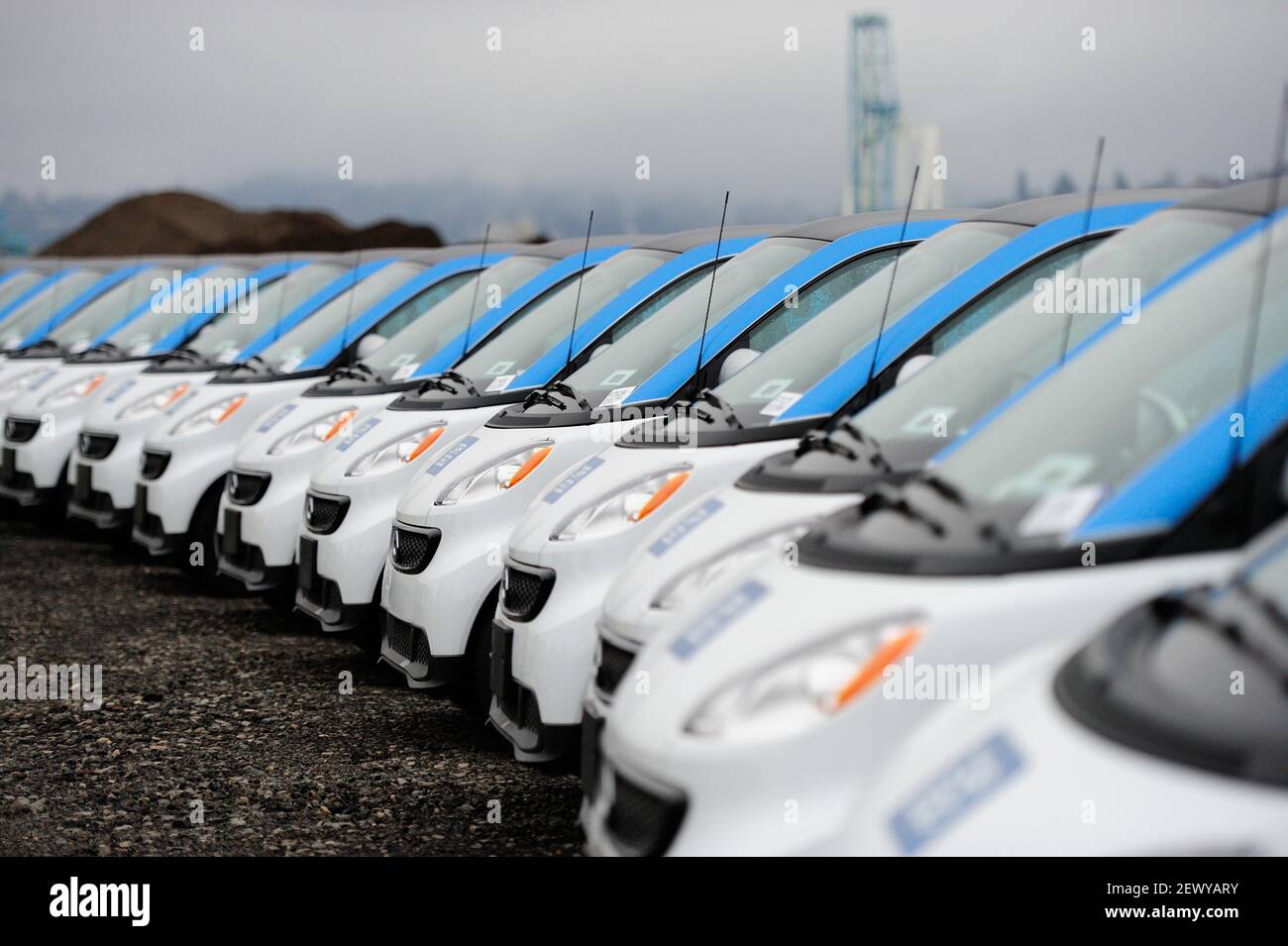 A new fleet of Car2Go vehicles parked near the Daimler facility at the ...