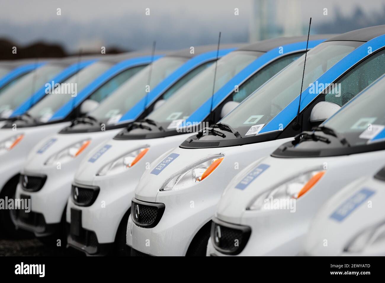 A new fleet of Car2Go vehicles parked near the Daimler facility at the ...