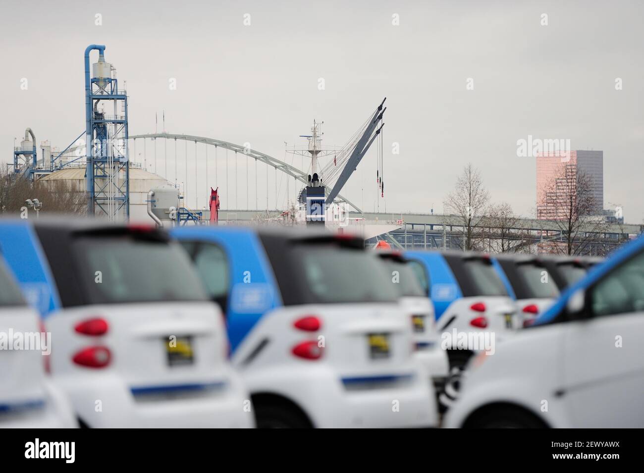 A new fleet of Car2Go vehicles parked near the Daimler facility at the ...