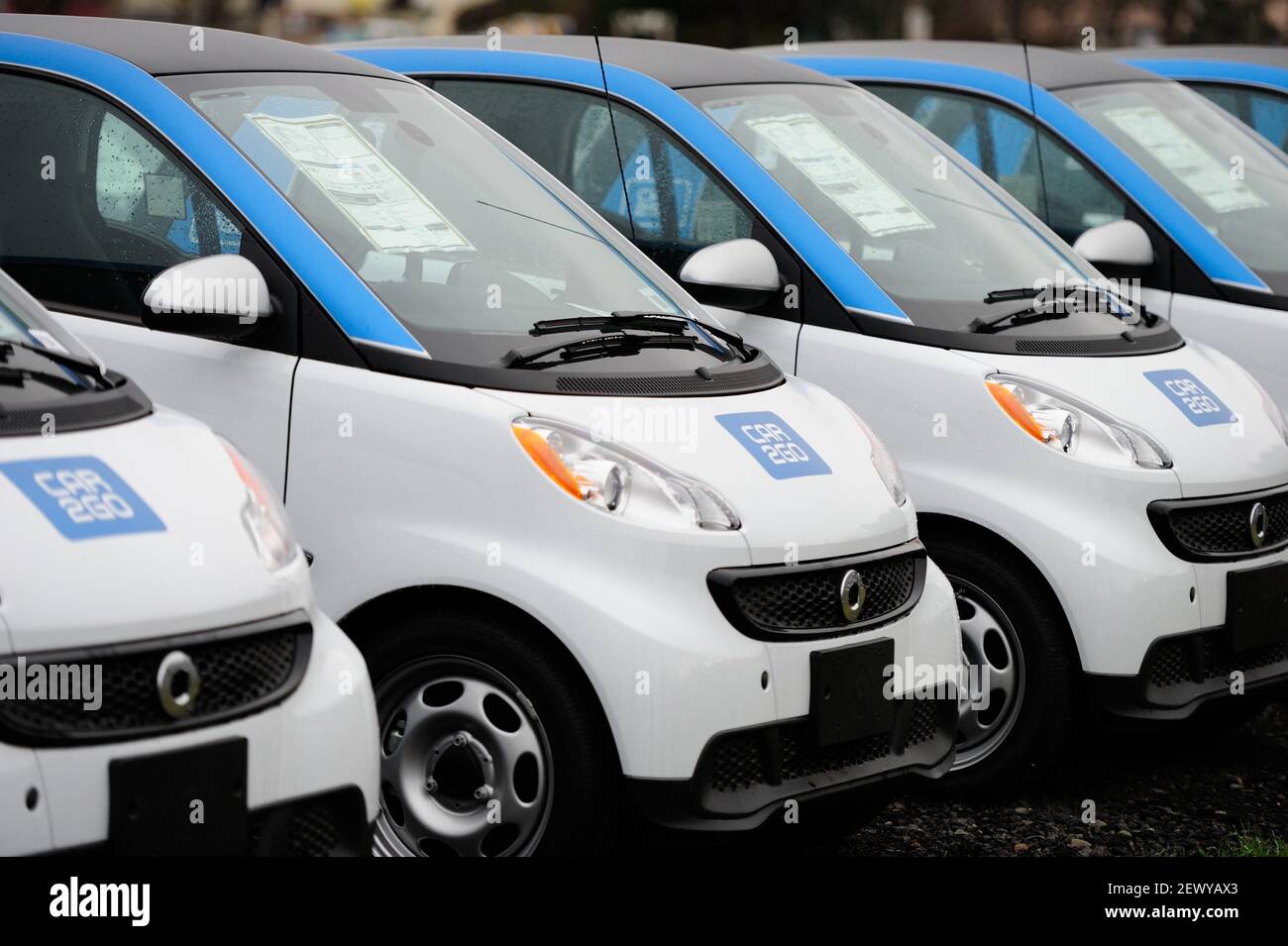 A new fleet of Car2Go vehicles parked near the Daimler facility at the ...