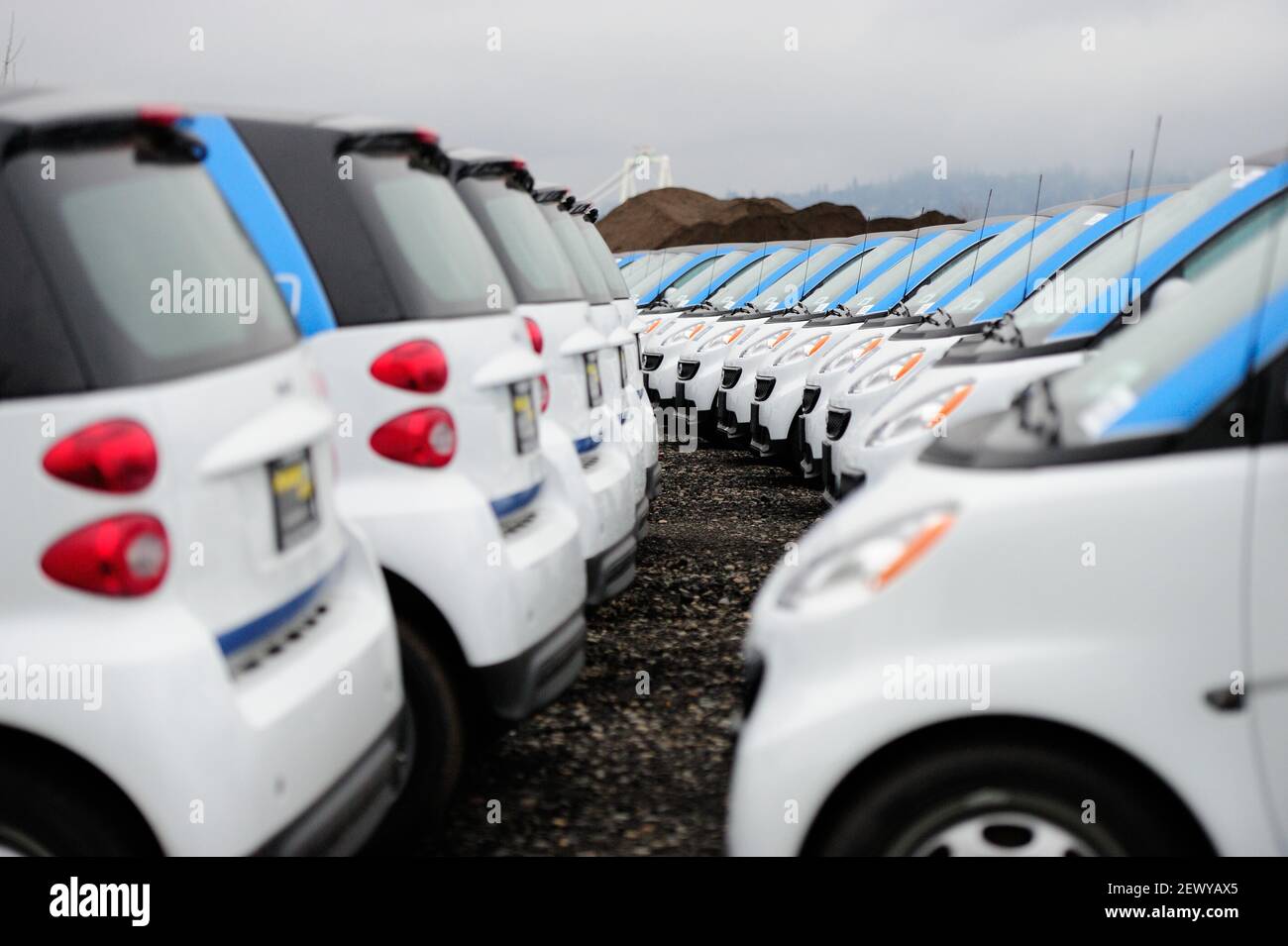 A new fleet of Car2Go vehicles parked near the Daimler facility at the ...