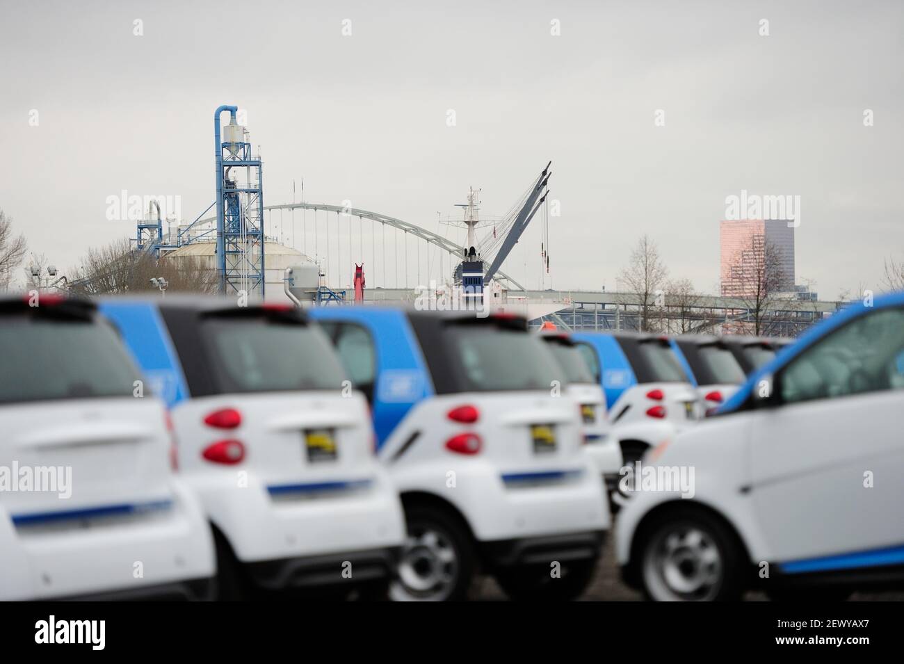 A new fleet of Car2Go vehicles parked near the Daimler facility at the ...