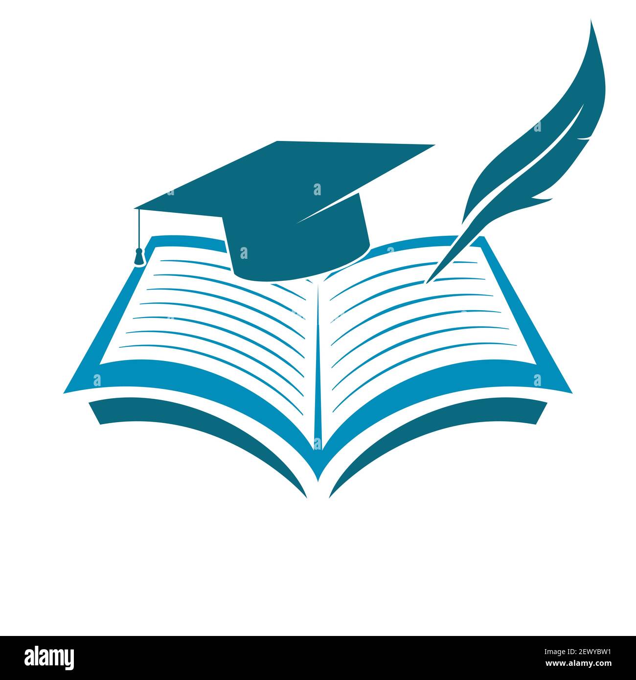 Vector icon of book, feather and cap of graduate. Source of knowledge ...