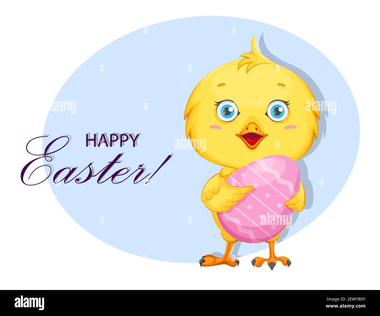 Cute little chick holding colored egg. Happy Easter greeting card ...