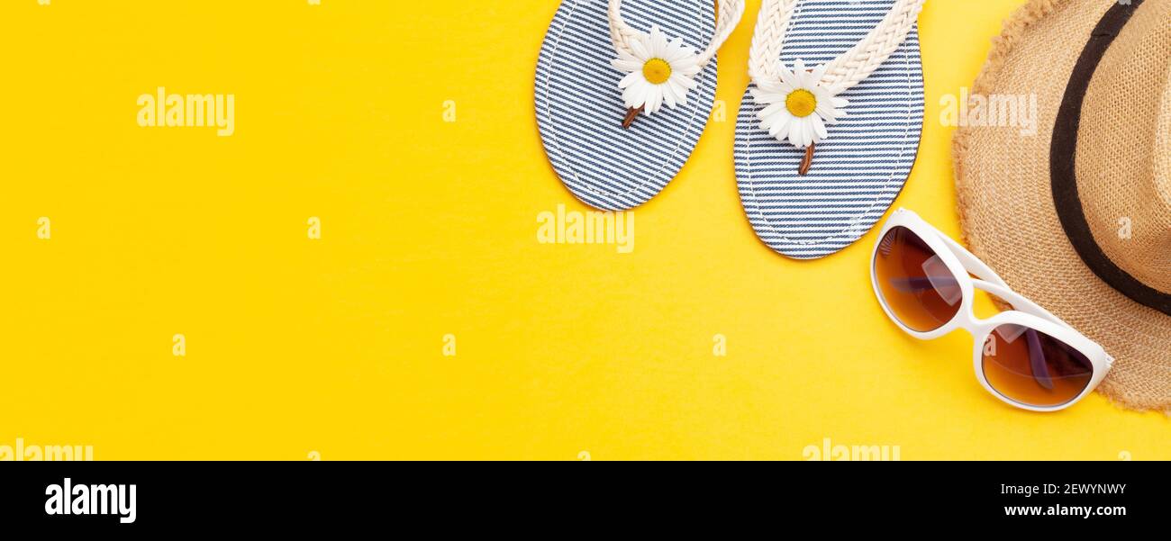 Summer vacation items and accessories. Flip flops, sunglasses and sun ...