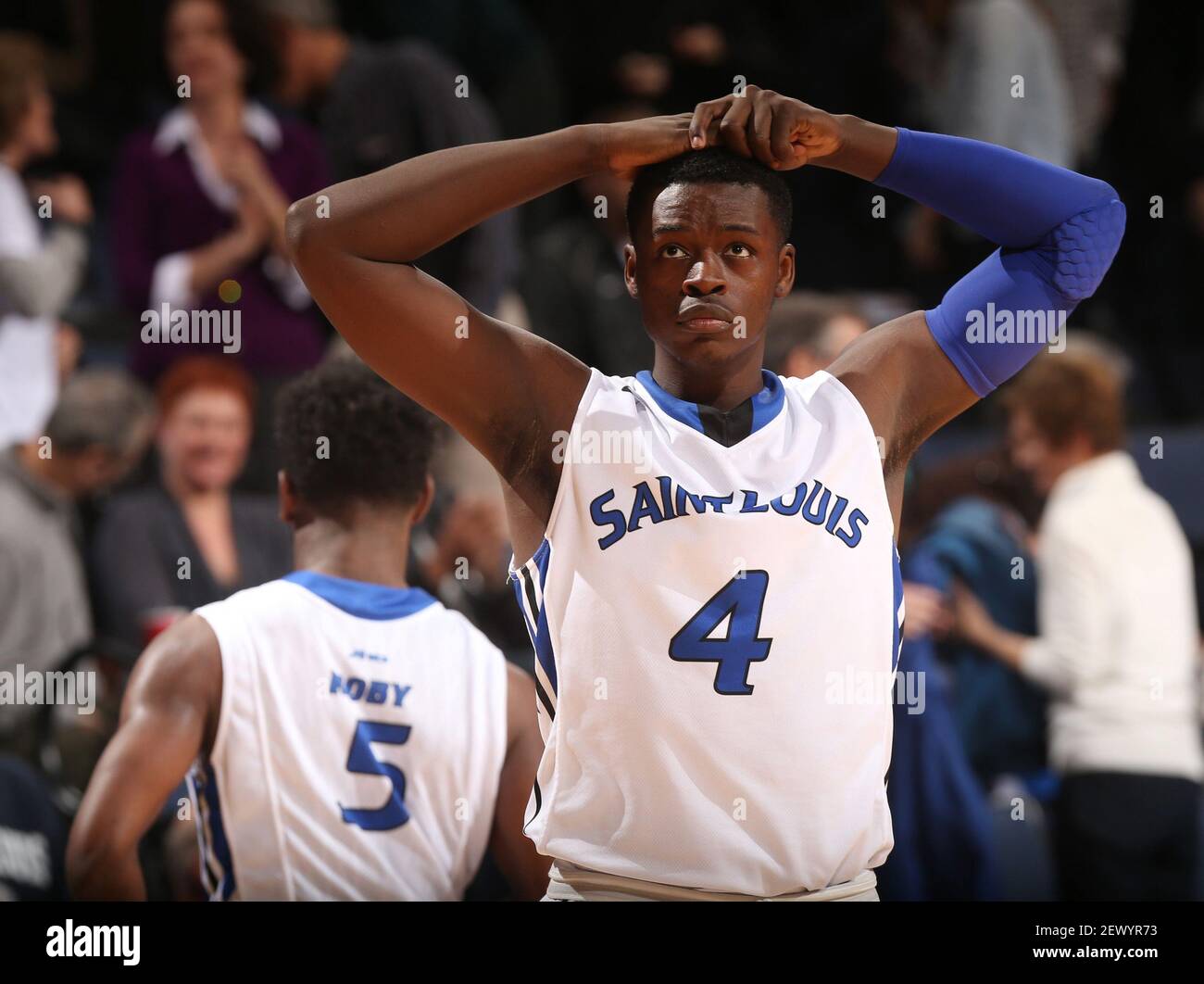 Saint Louis' Milik Yarbrough (4) reacts at the conclusion of a 60-56 ...